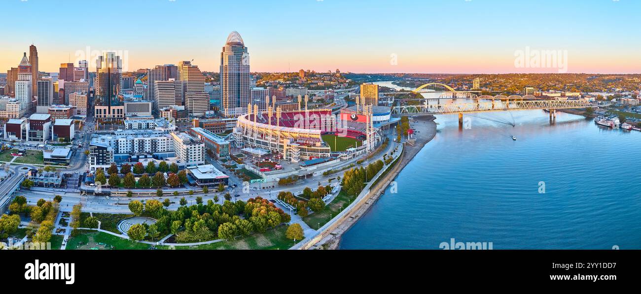 Aerial Panorama of Cincinnati Skyline with Ballpark and Ohio River at ...