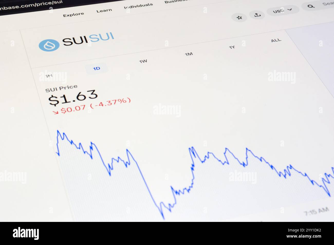 OSTRAVA, CZECHIA - SEPTEMBER 28, 2024: Price chart of SUI meme crypto ...