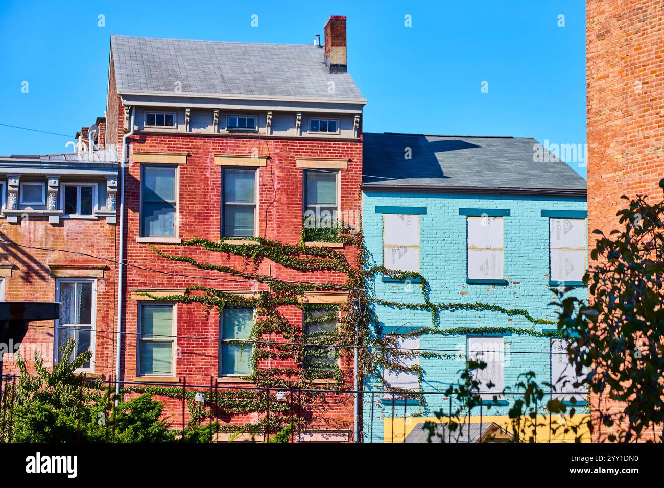 Brick and Blue Urban Contrast in Over-The-Rhine at Eye Level Stock ...