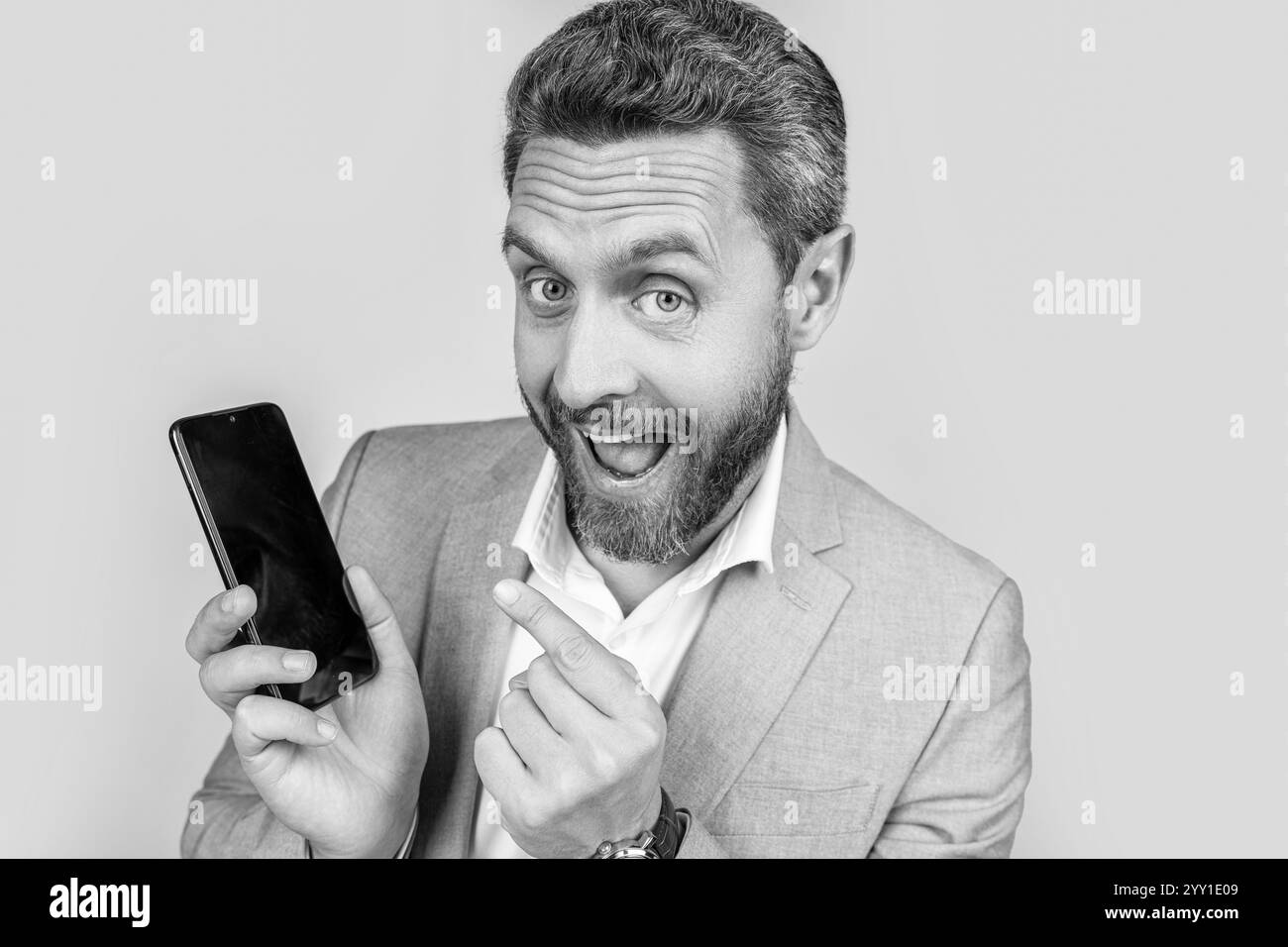 Man in suit offer new app. Product proposal. Advertisement presentation ...