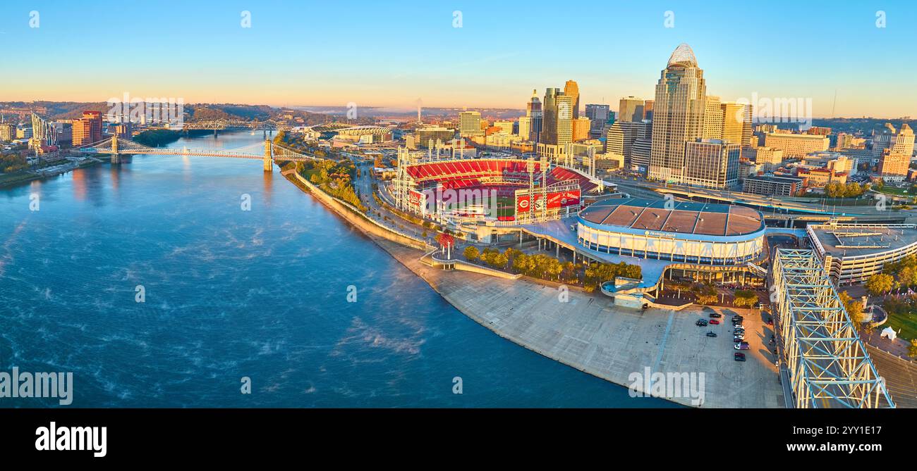 Aerial Panorama of Cincinnati Skyline with Ohio River at Golden Hour ...