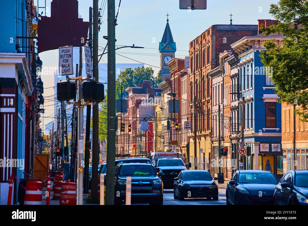 Historic Brick Buildings and Clock Tower in Motion Cincinnati Street ...