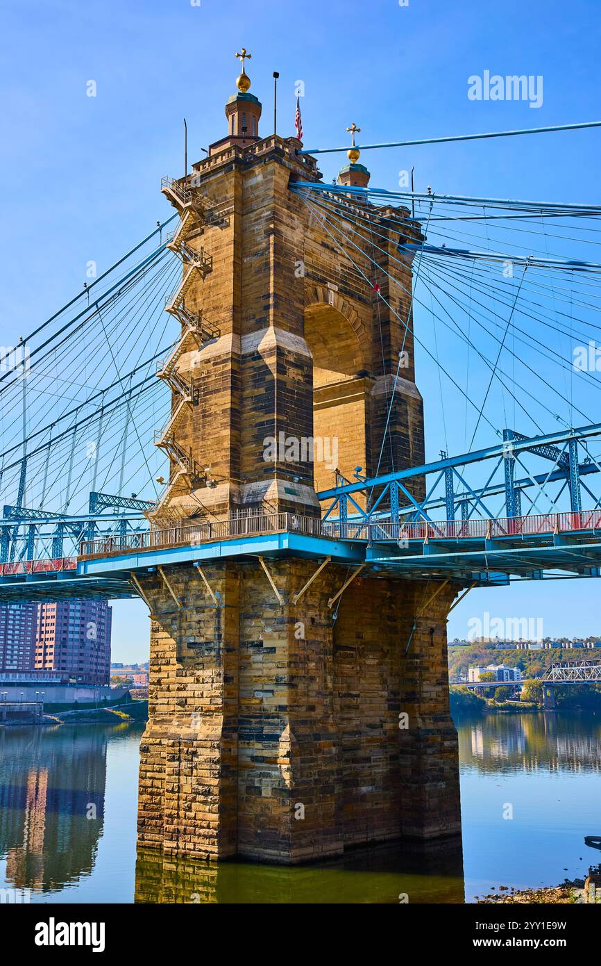 John A Roebling Bridge Tower and Ohio River Eye Level View Stock Photo ...