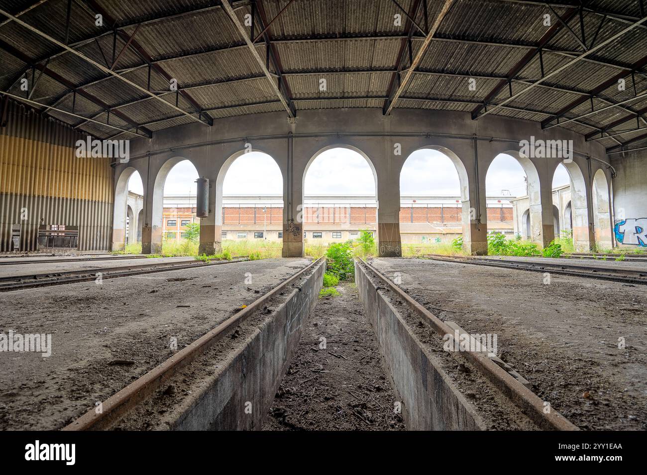 Interior of a circular train workshop building in the city of Barreiro ...