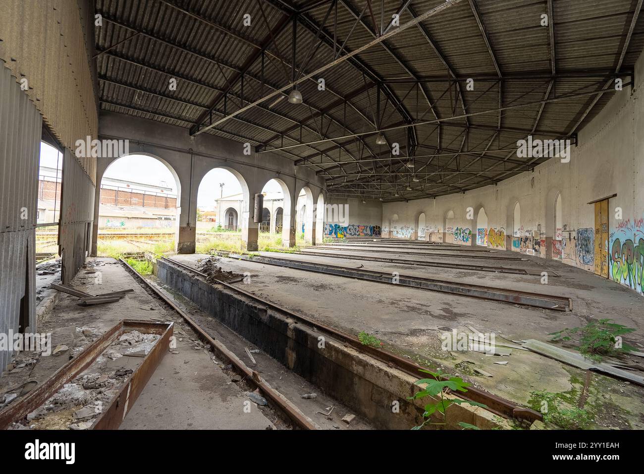 Interior of a circular train workshop building in the city of Barreiro ...