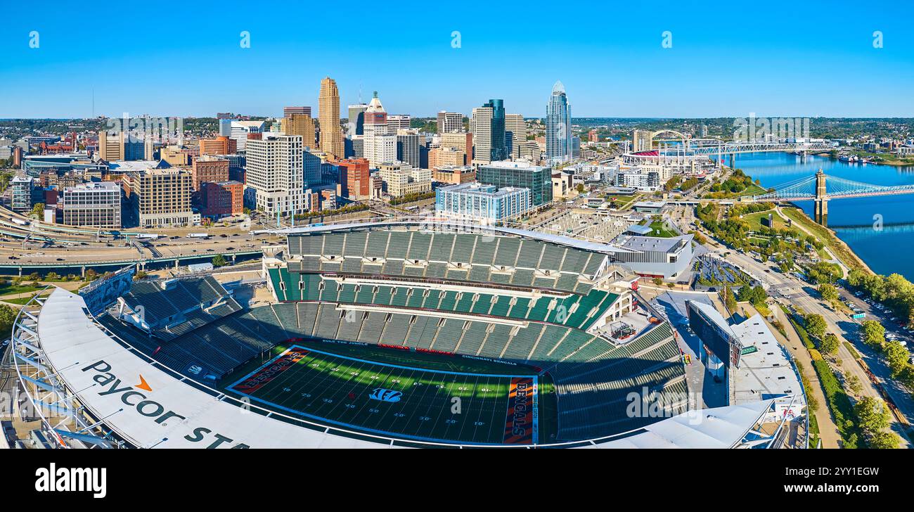 Aerial Panorama of Paycor Stadium and Cincinnati Skyline Over Ohio ...