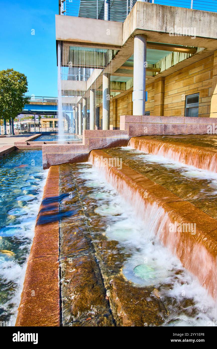 Cascading Urban Waterfall in Cincinnati Riverfront Plaza Eye-Level View ...