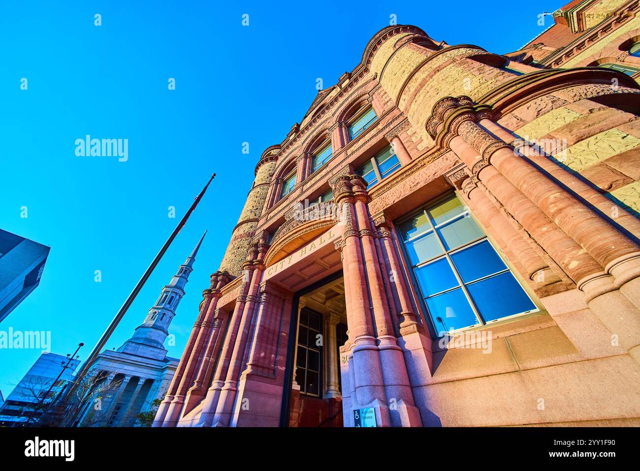 Historic Cincinnati City Hall and Church Spire from Low Angle ...
