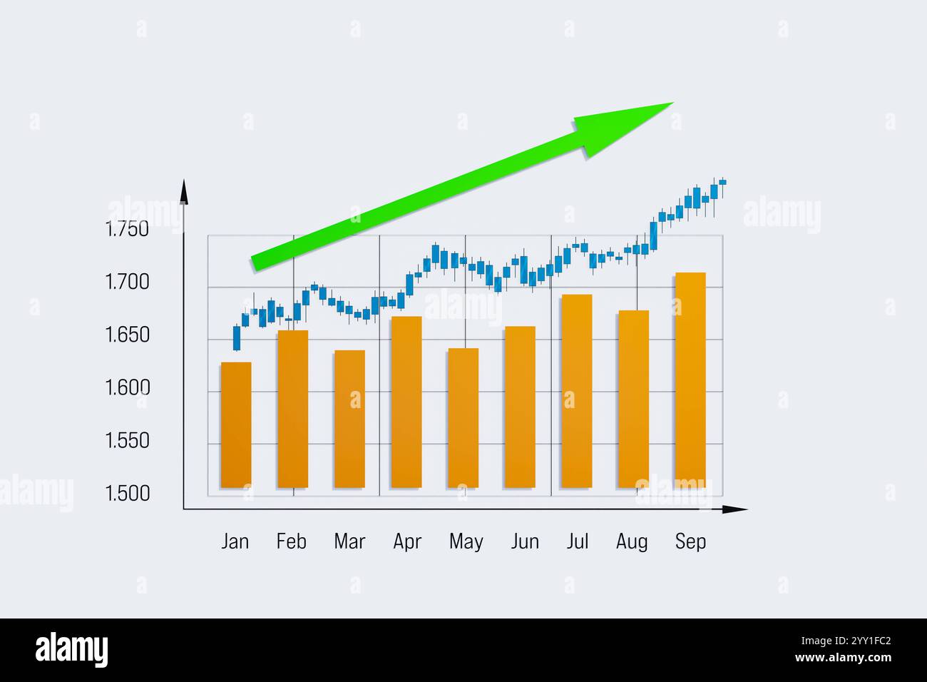 Rising bar graph with positive stock chart and arrow in green pointing ...