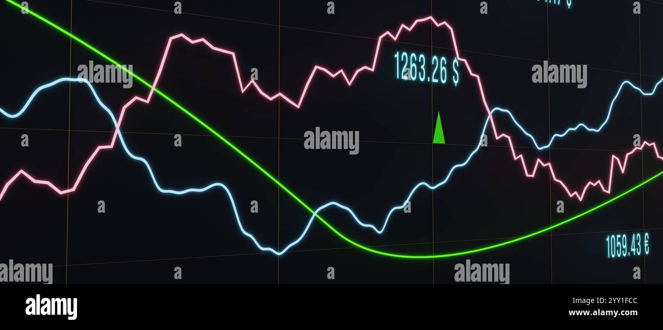 Two volatile stock market chart with financial data, abstract concept ...