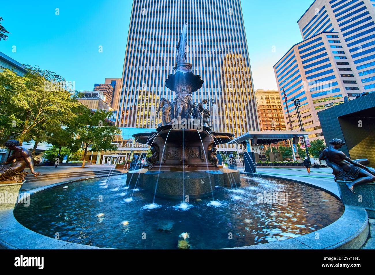 Fountain Square Elegance in Cincinnati with Skyscrapers from Low Angle ...