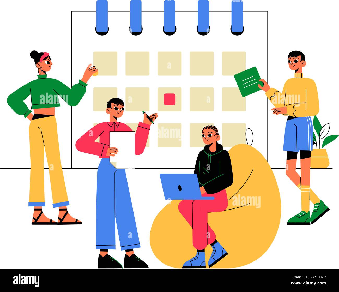 Team Planning Around Calendar With Office Tools In Flat Vector ...