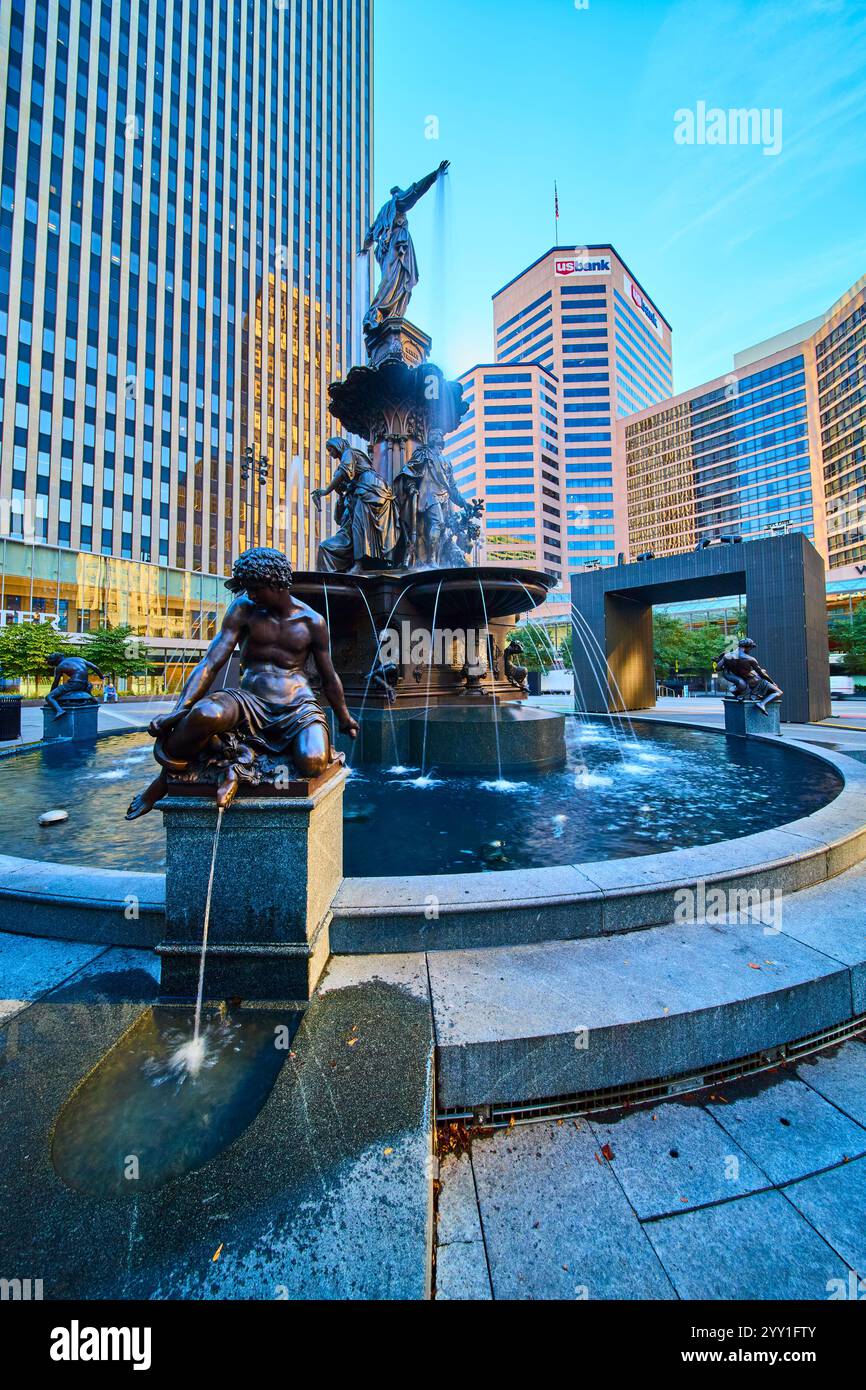 Fountain Square Bronze Statues in Motion Cincinnati Aerial Tilt Stock ...