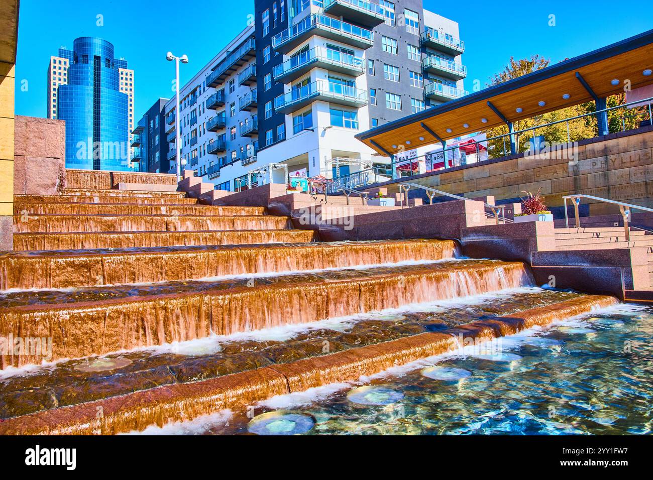 Cascading Fountain and Modern Skyline Cincinnati Eye-Level Perspective ...