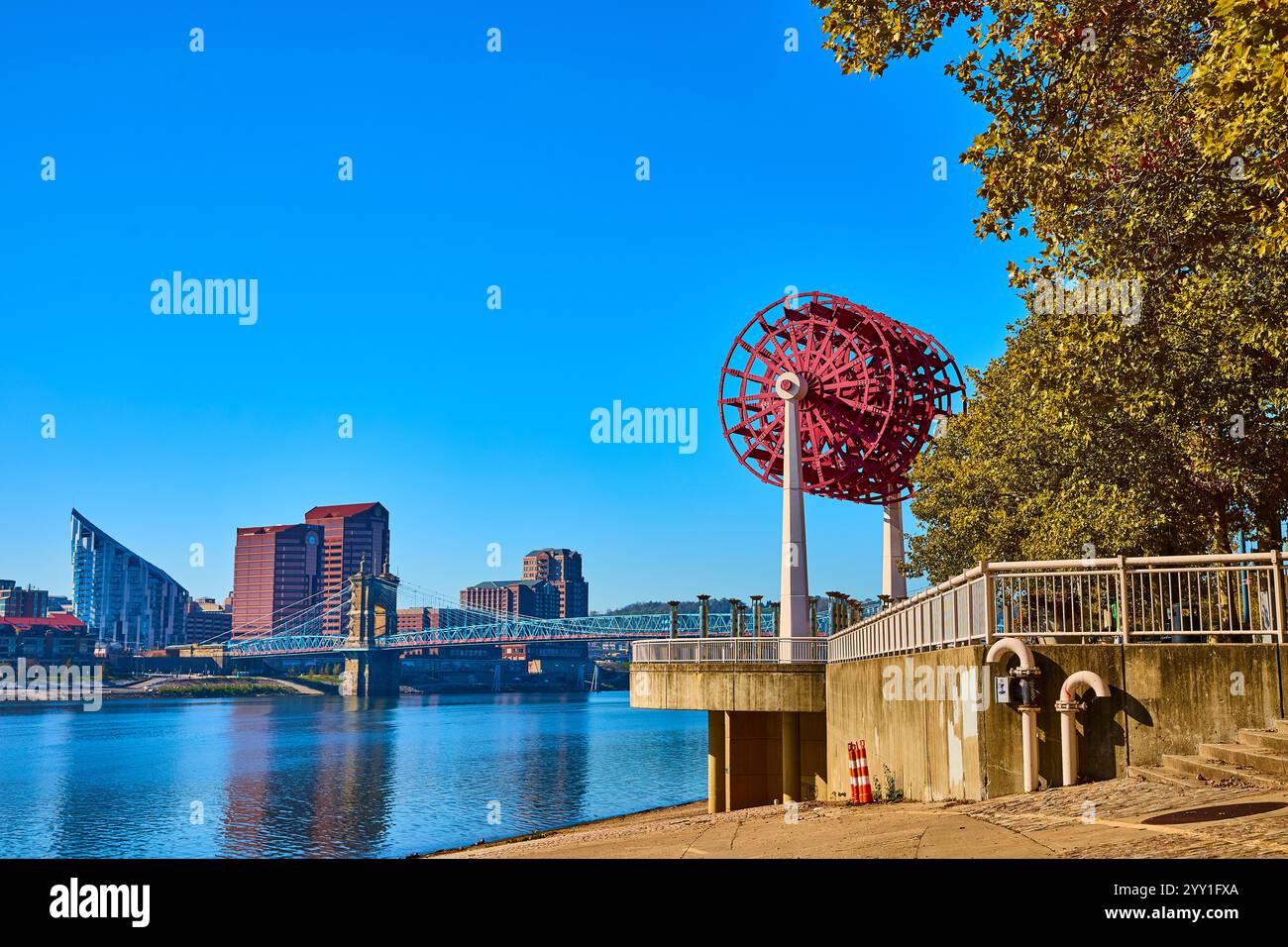Red Paddle Wheel and Suspension Bridge by Ohio River Eye Level View ...