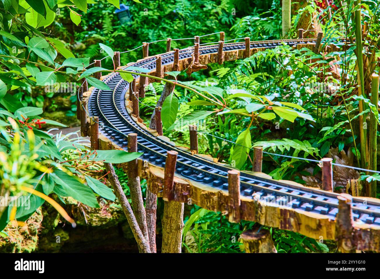 Miniature Garden Railway in Lush Greenery Eye-Level View Stock Photo ...