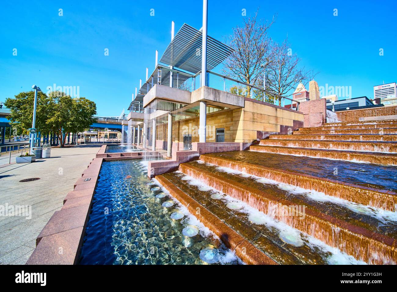 Urban Waterfall and Modern Architecture in Cincinnati Eye-Level View ...