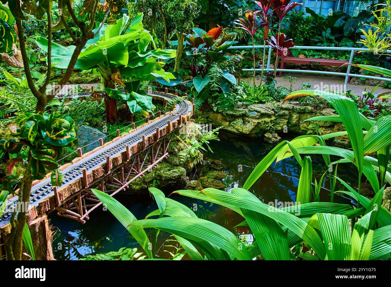 Tropical Model Train in Lush Conservatory Eye-Level View Stock Photo ...