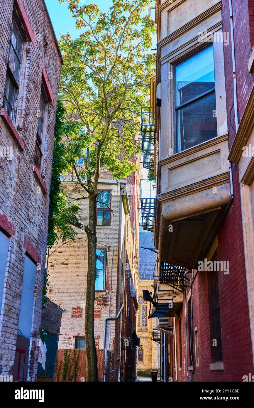 Urban Alley and Lone Tree in Cincinnati Eye-Level View Stock Photo - Alamy