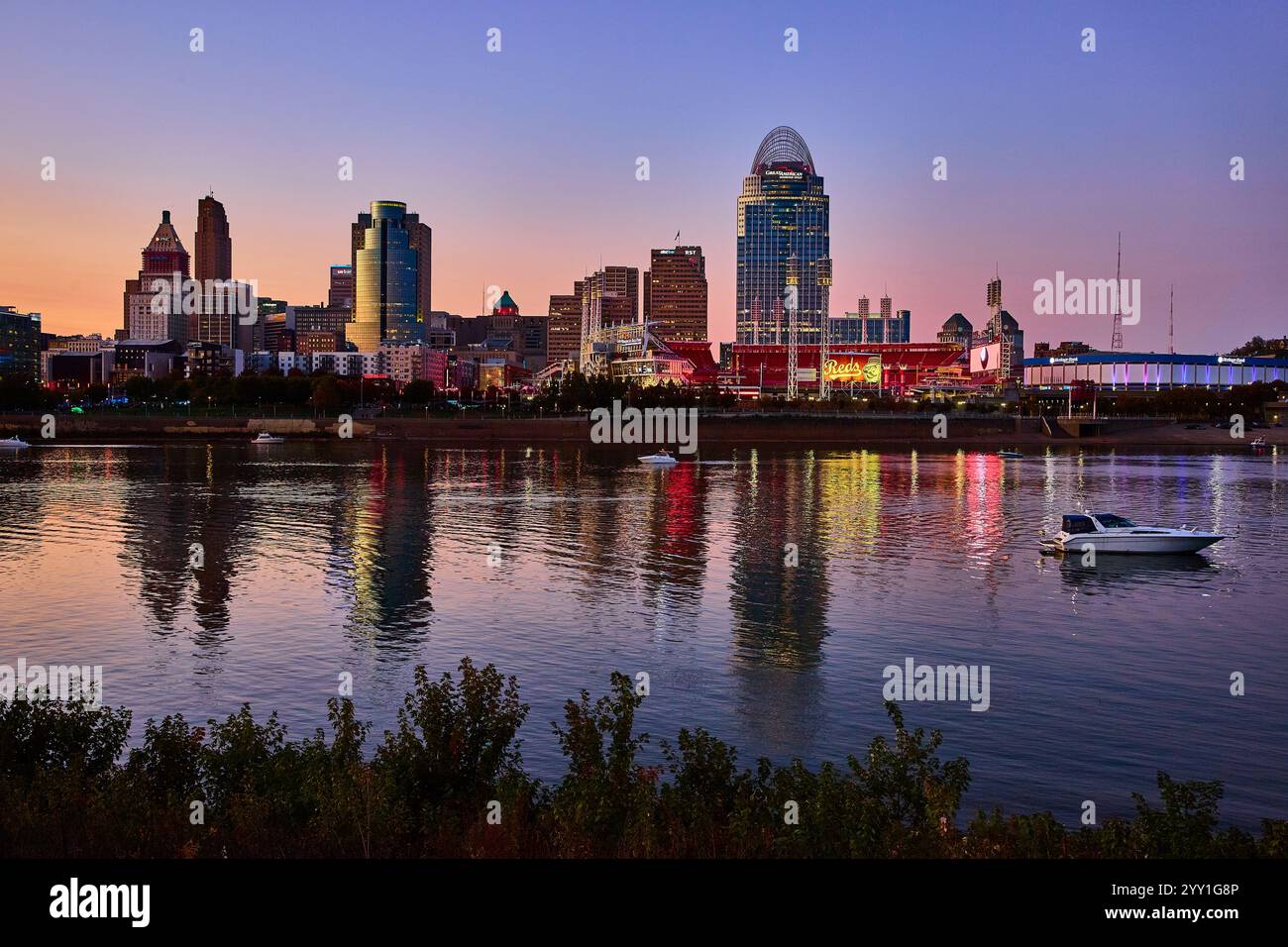 Cincinnati Skyline at Blue Hour with River Reflection from Elevated ...