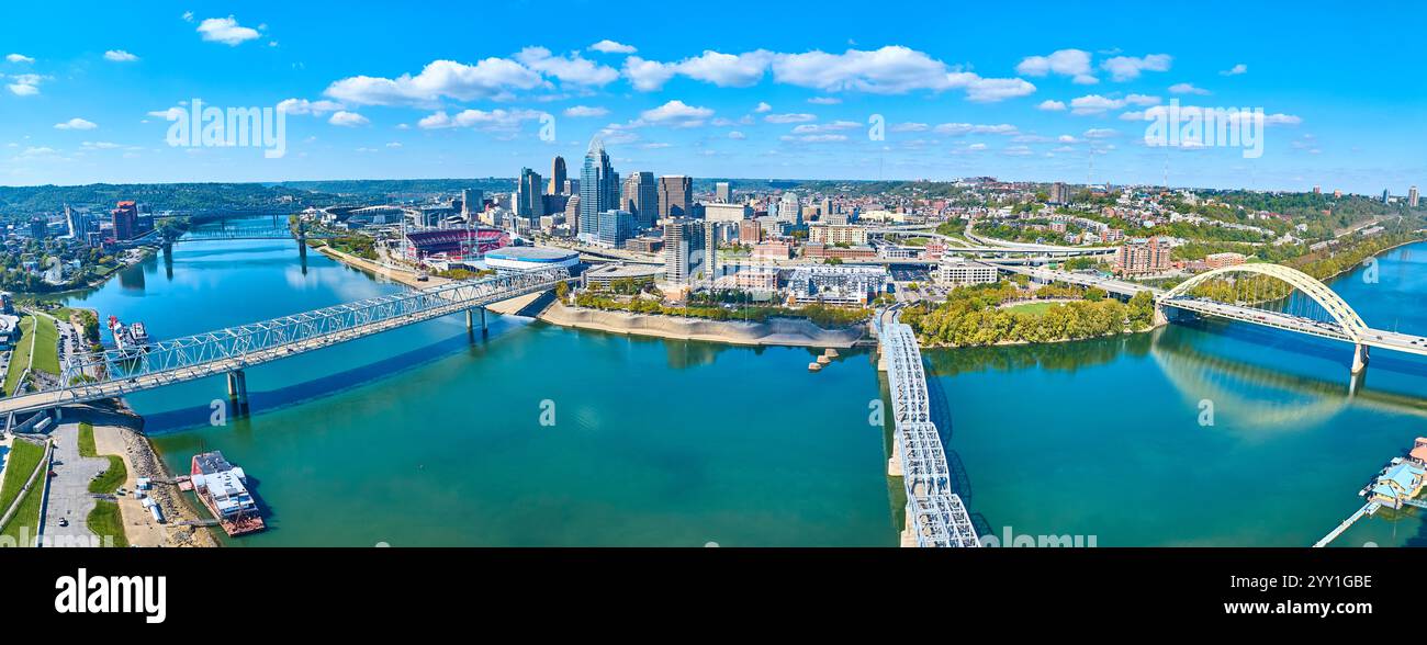 Aerial Panorama of Cincinnati Skyline Bridges and Ohio River Stock ...