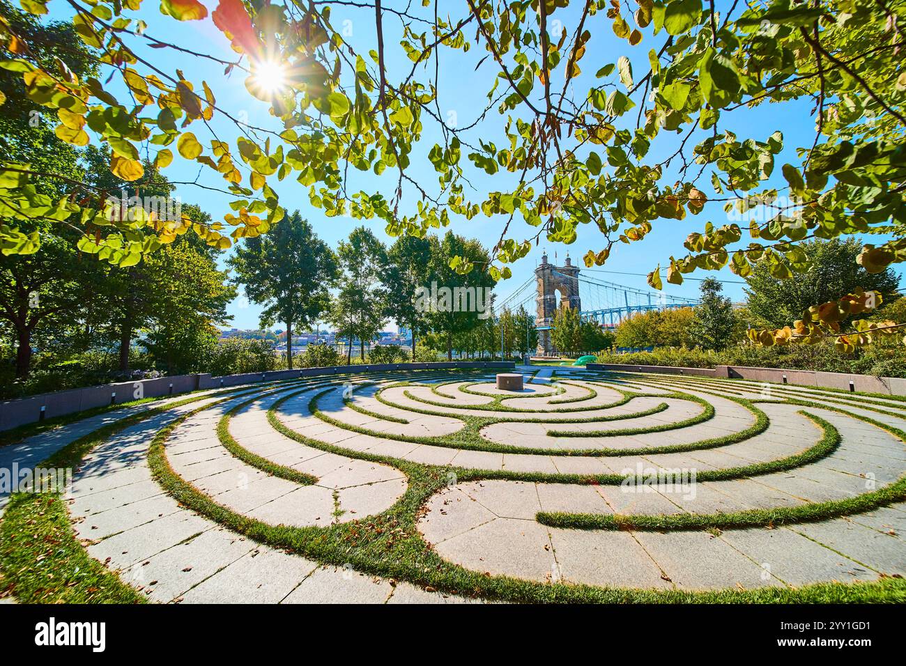 Urban Labyrinth and Bridge Harmony in Cincinnati Park Aerial Stock ...