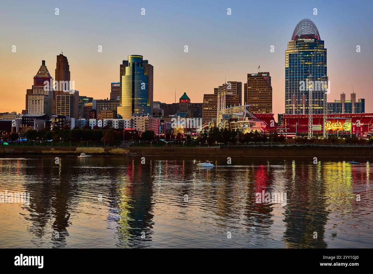 Cincinnati Skyline Reflections at Dusk from Riverfront Perspective ...