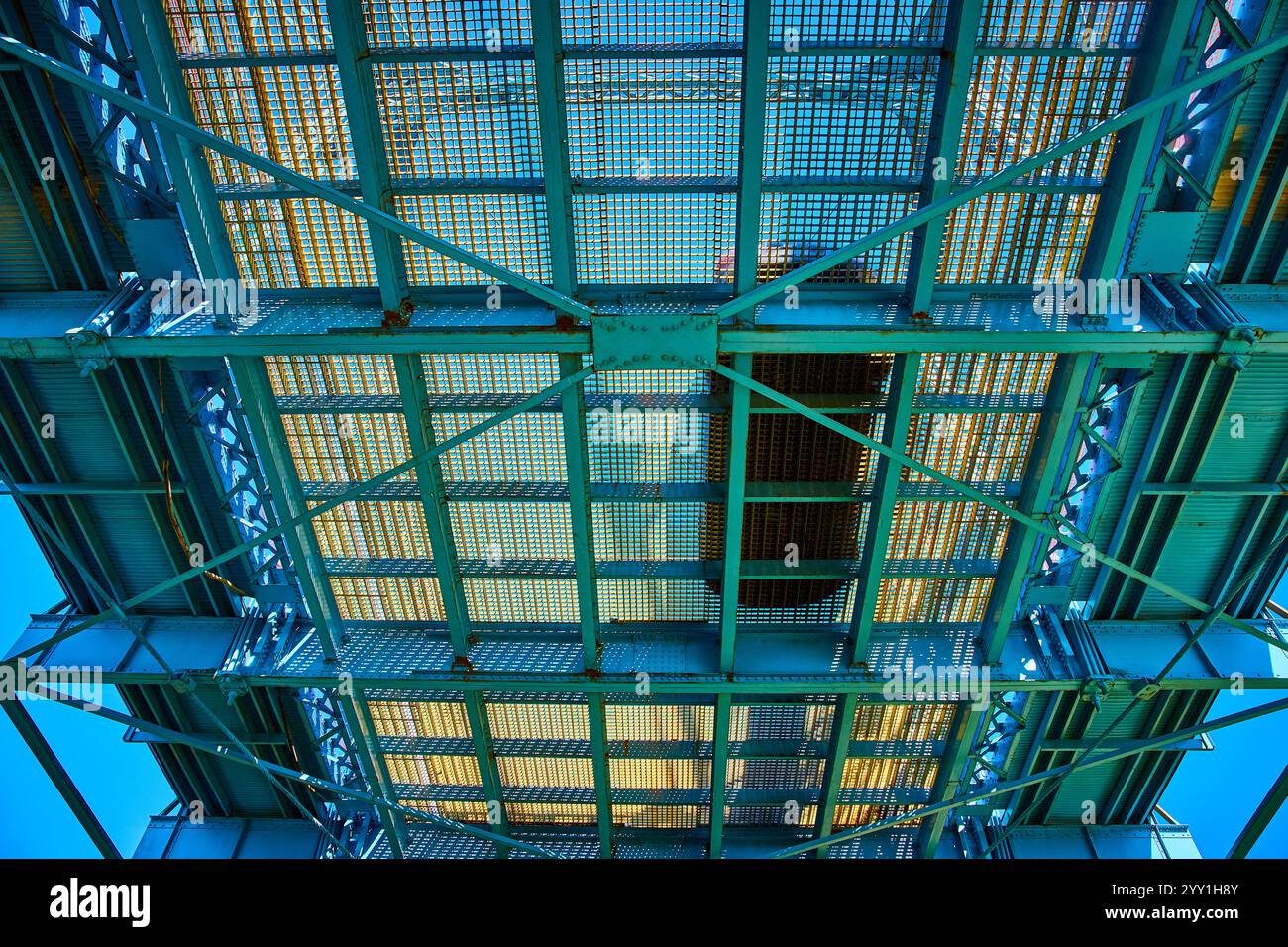 Steel Bridge Architecture with Sunlit Grating from Below Stock Photo ...
