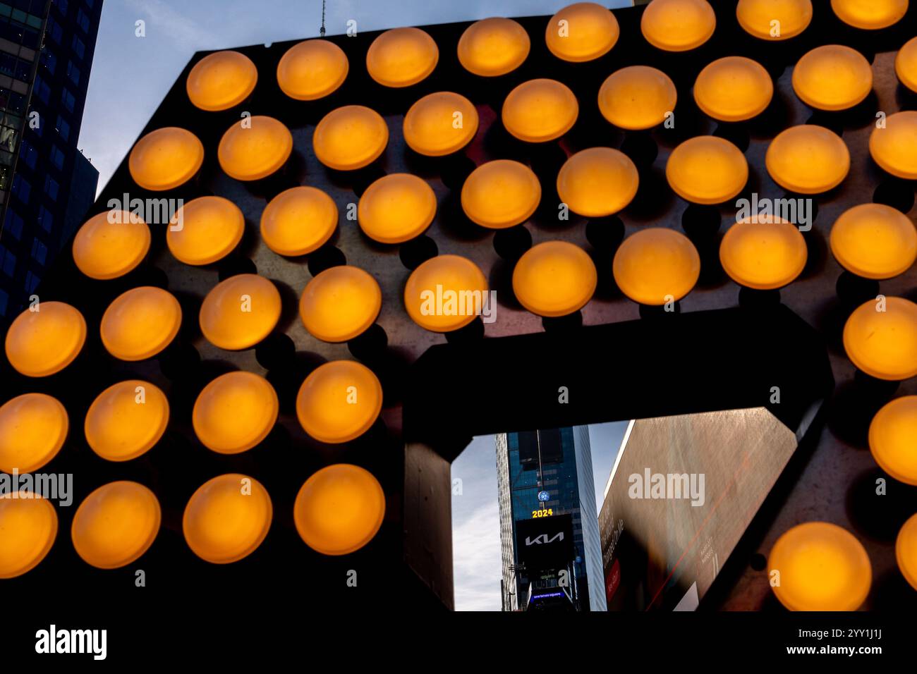 The 2024 New Year's Eve numerals are seen displayed behind the 2025 ...