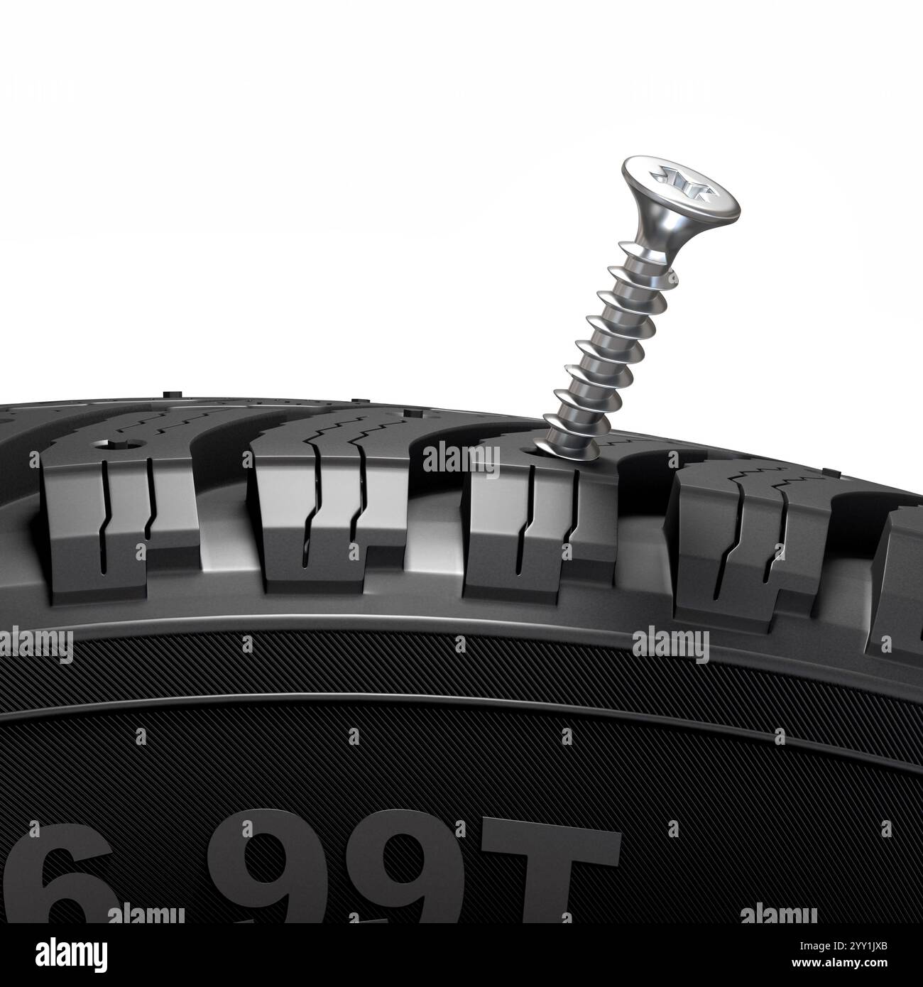 metal screw puncturing a black tire on white background 3d Stock Photo ...