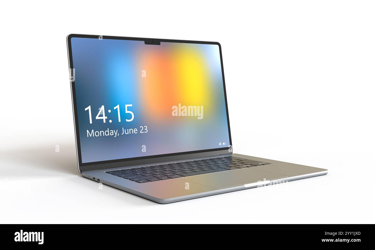 silver laptop displaying lock screen with time and date 3d Stock Photo ...