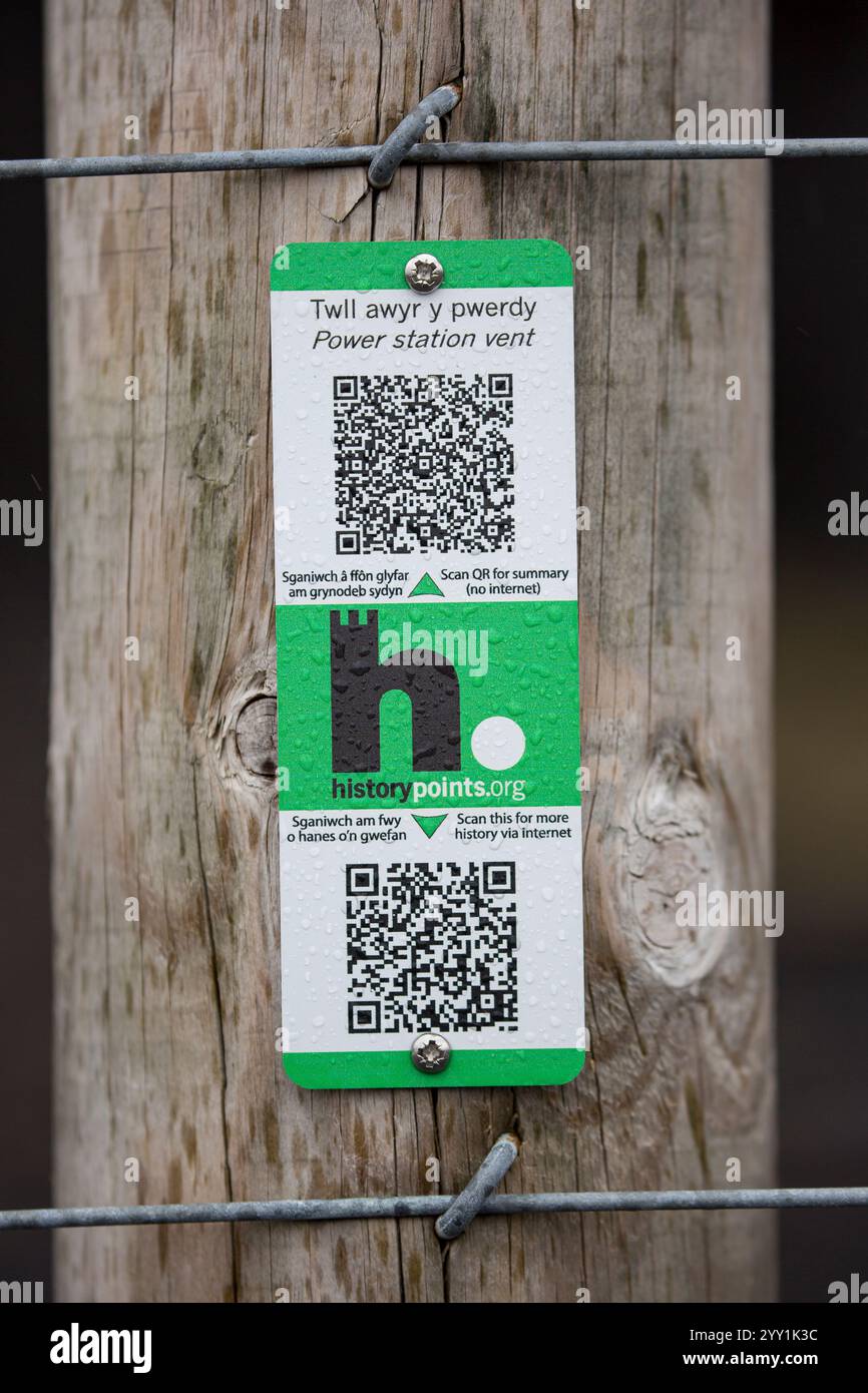 Wales history point sign for power station vent at Dinorwic Quarry. Scan qR code for summary ...