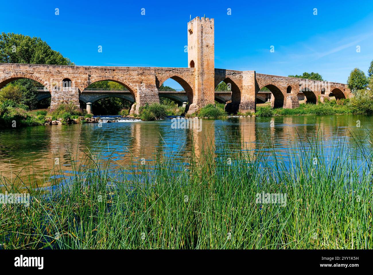 Medieval fortified bridge over the Ebro river. Frías, Las Merindades ...