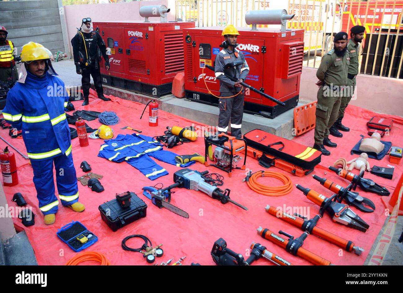 Rescue 1122 personnel are showing their rescue equipment during the ...