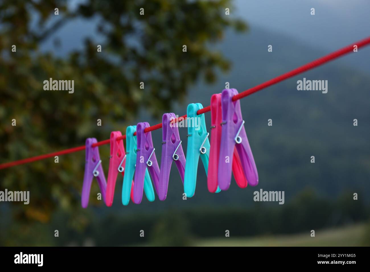 Colorful clothespins hanging on washing line outdoors Stock Photo - Alamy