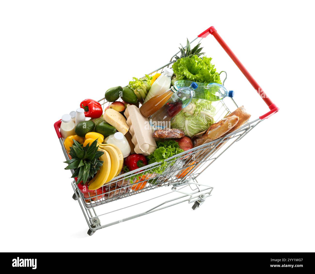 Shopping cart with groceries on white background, above view Stock ...