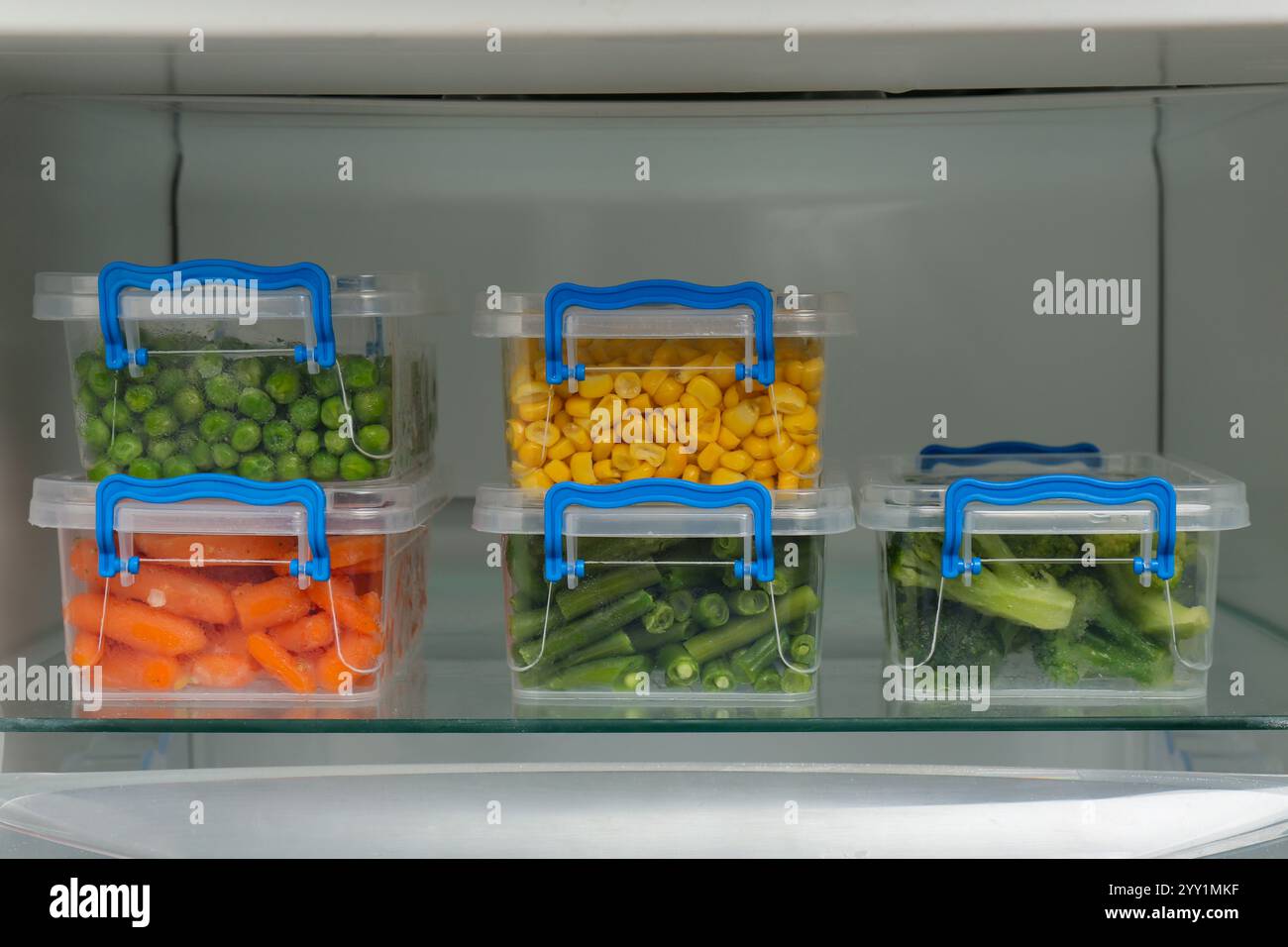 Plastic containers with different frozen vegetables in refrigerator ...