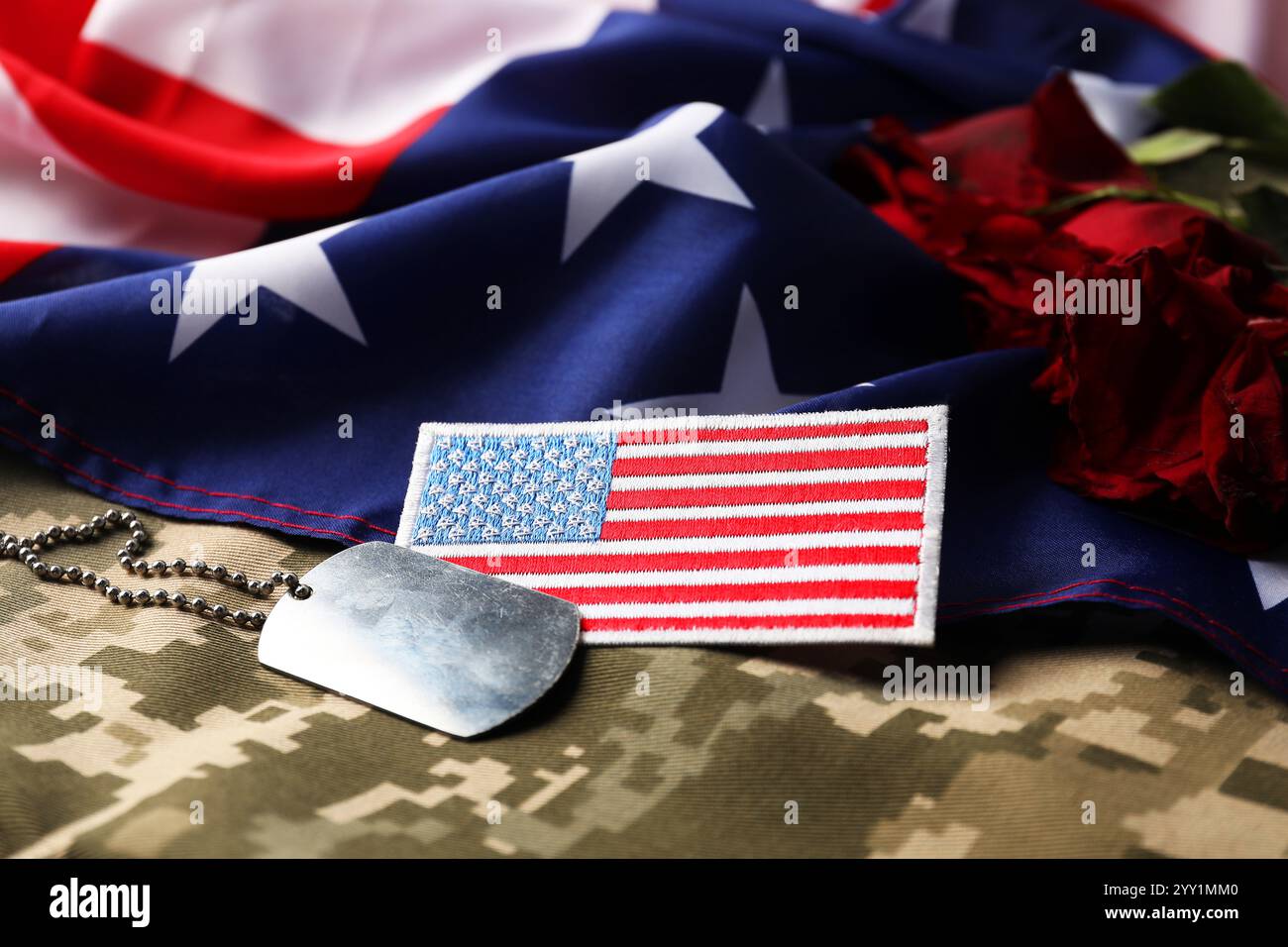 Veterans day. USA army patch, token, American flag, roses and military ...