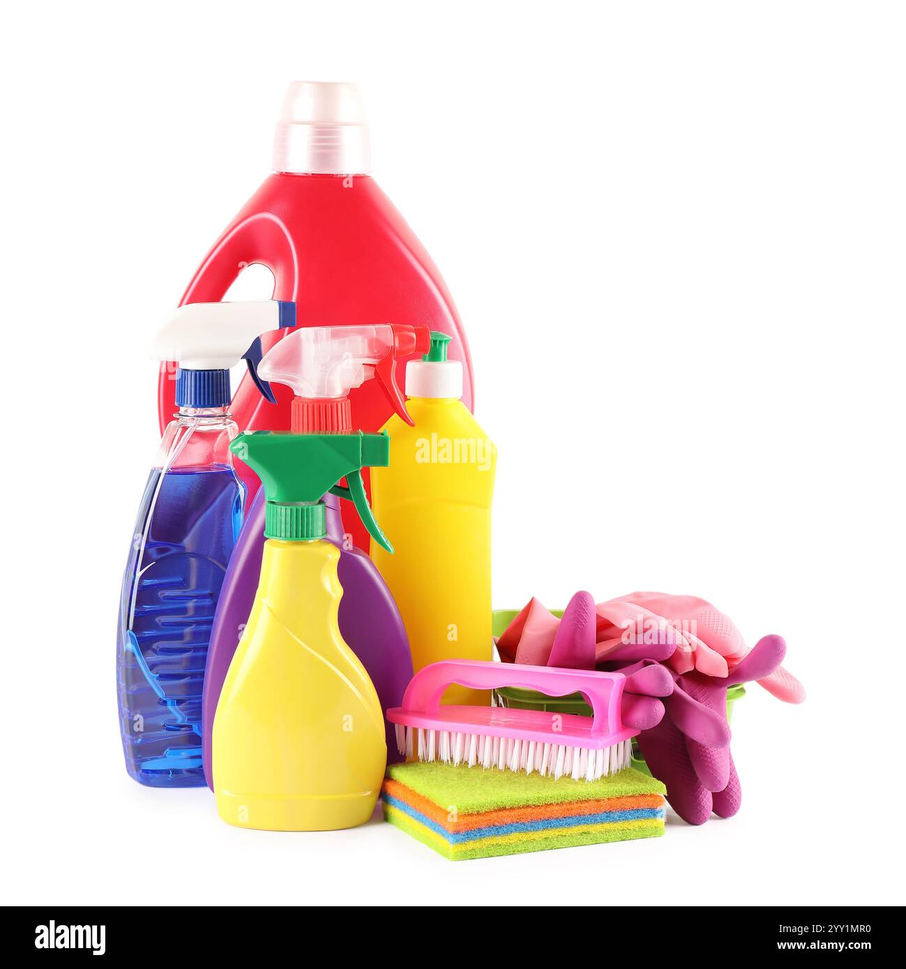 Set of different cleaning products isolated on white Stock Photo - Alamy