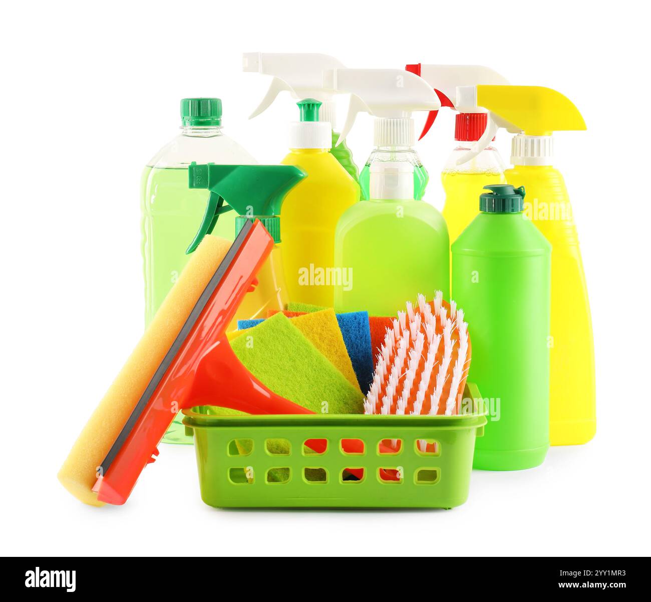 Set of different cleaning products isolated on white Stock Photo - Alamy