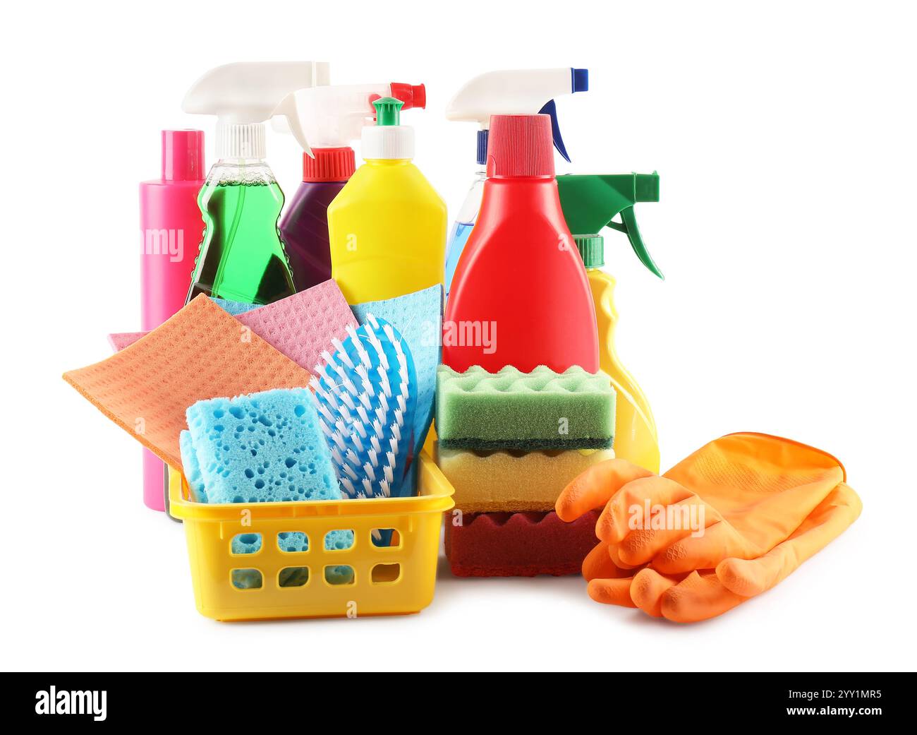 Set of different cleaning products isolated on white Stock Photo - Alamy