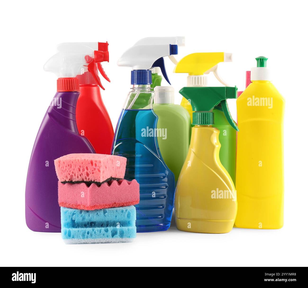 Set of different cleaning products isolated on white Stock Photo - Alamy