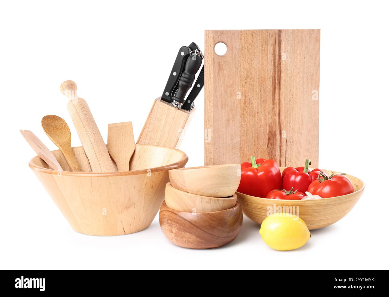 Different cooking utensils and products isolated on white Stock Photo ...