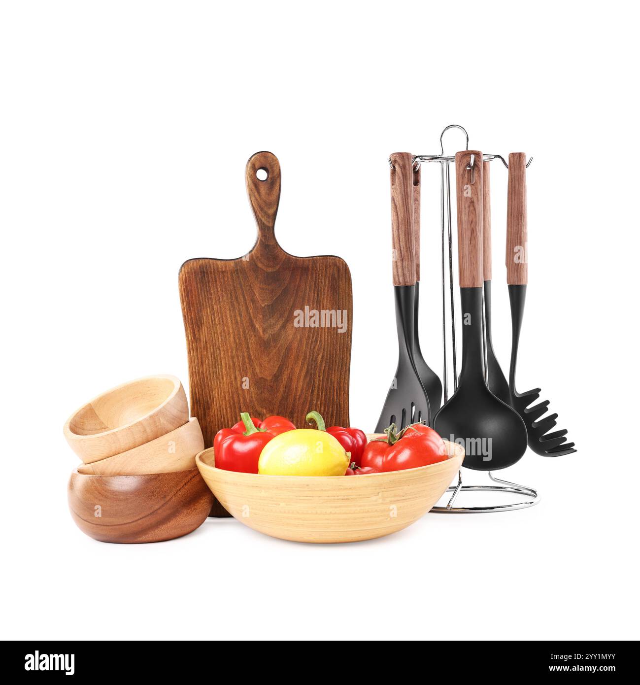 Different cooking utensils and products isolated on white Stock Photo ...