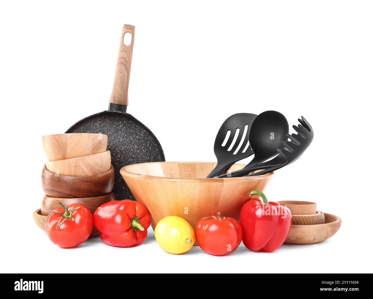 Different cooking utensils and products isolated on white Stock Photo ...