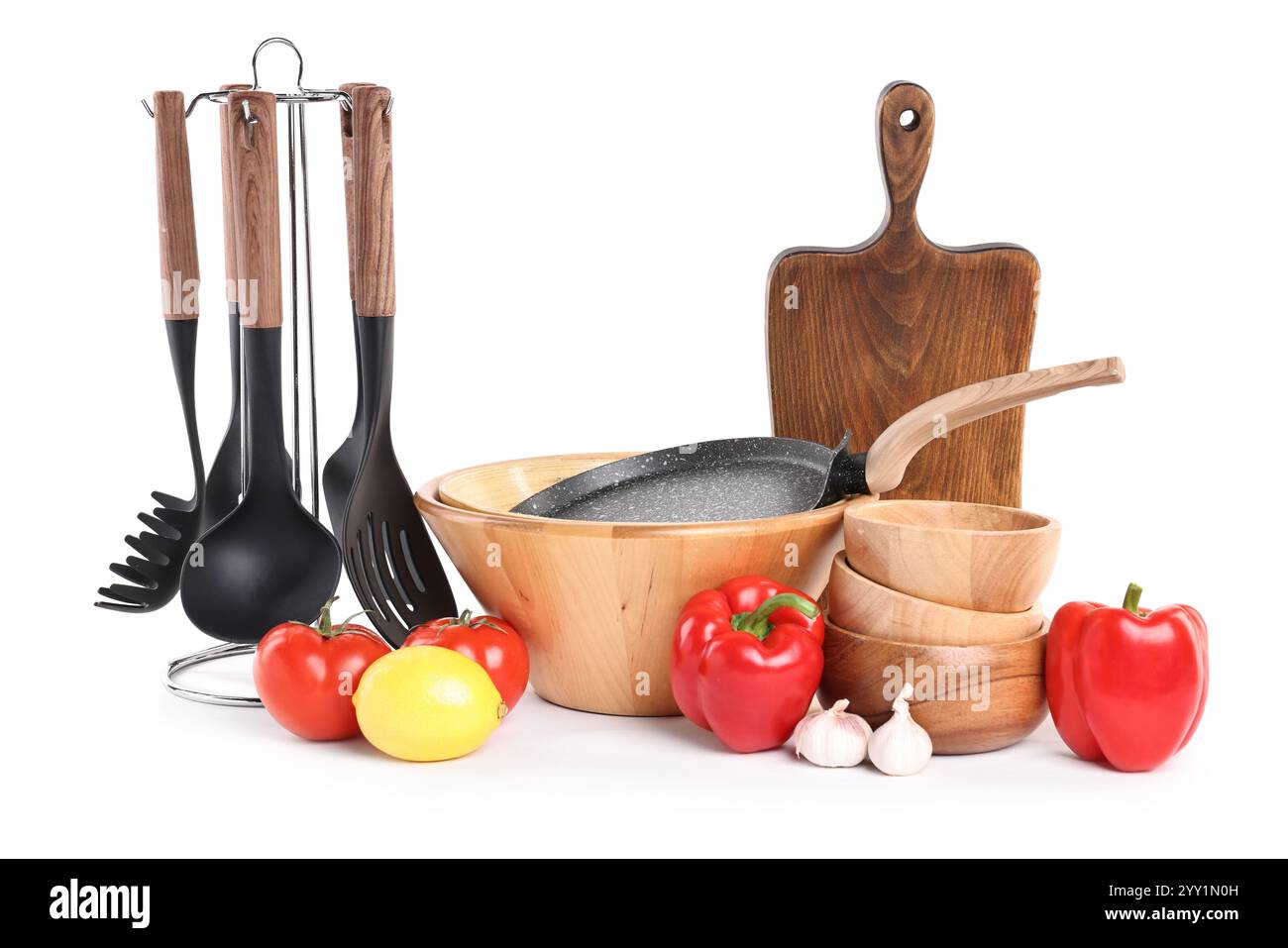 Different cooking utensils and products isolated on white Stock Photo ...