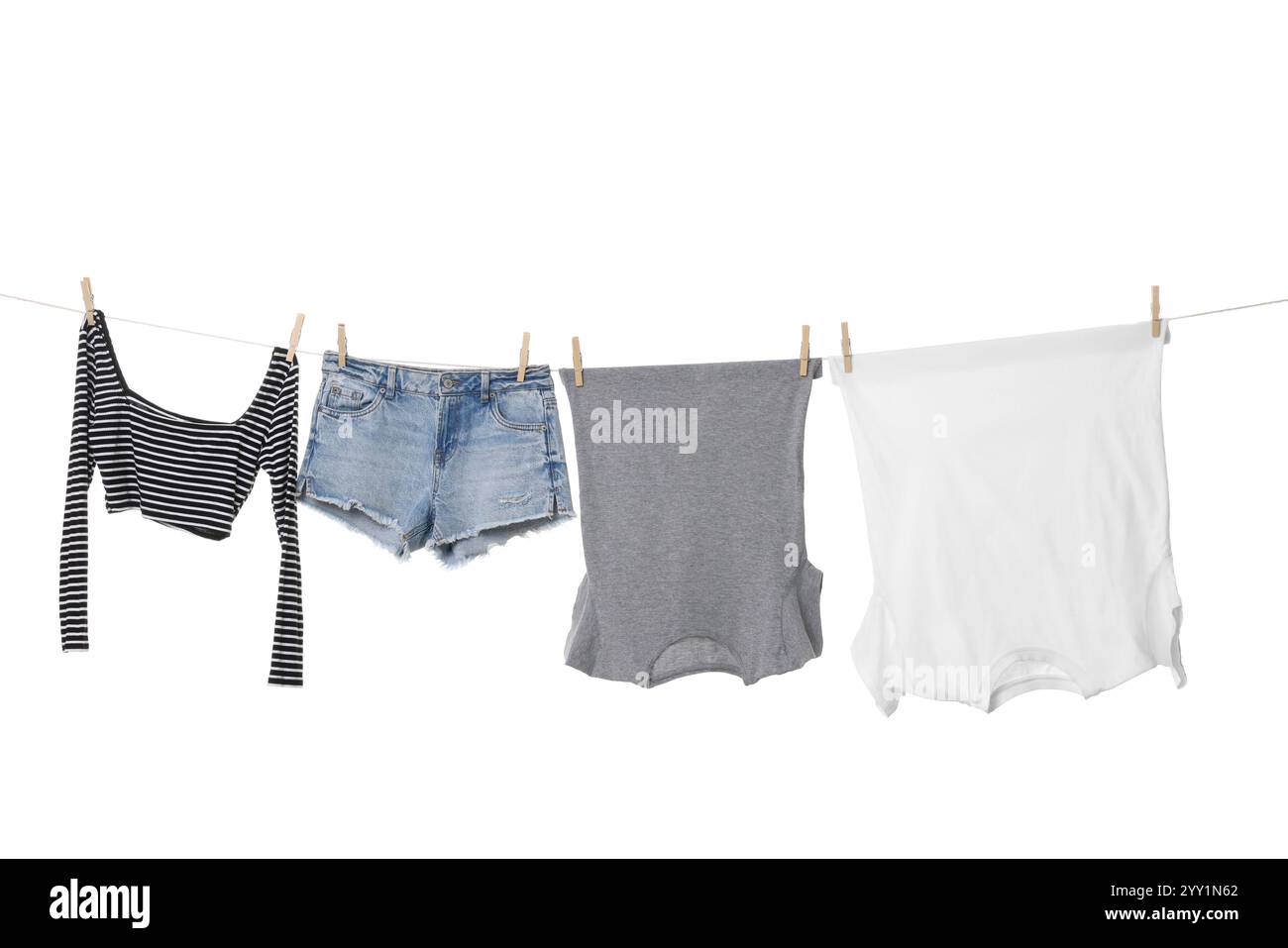 Different clothes drying on laundry line against white background Stock ...