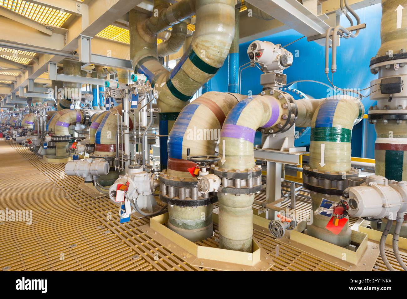 Water pumps in the tanks of a reverse osmosis desalination plant Stock ...