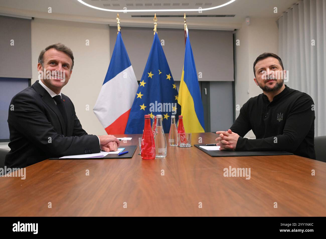French President Emmanuel Macron, left, and Ukraine's President ...