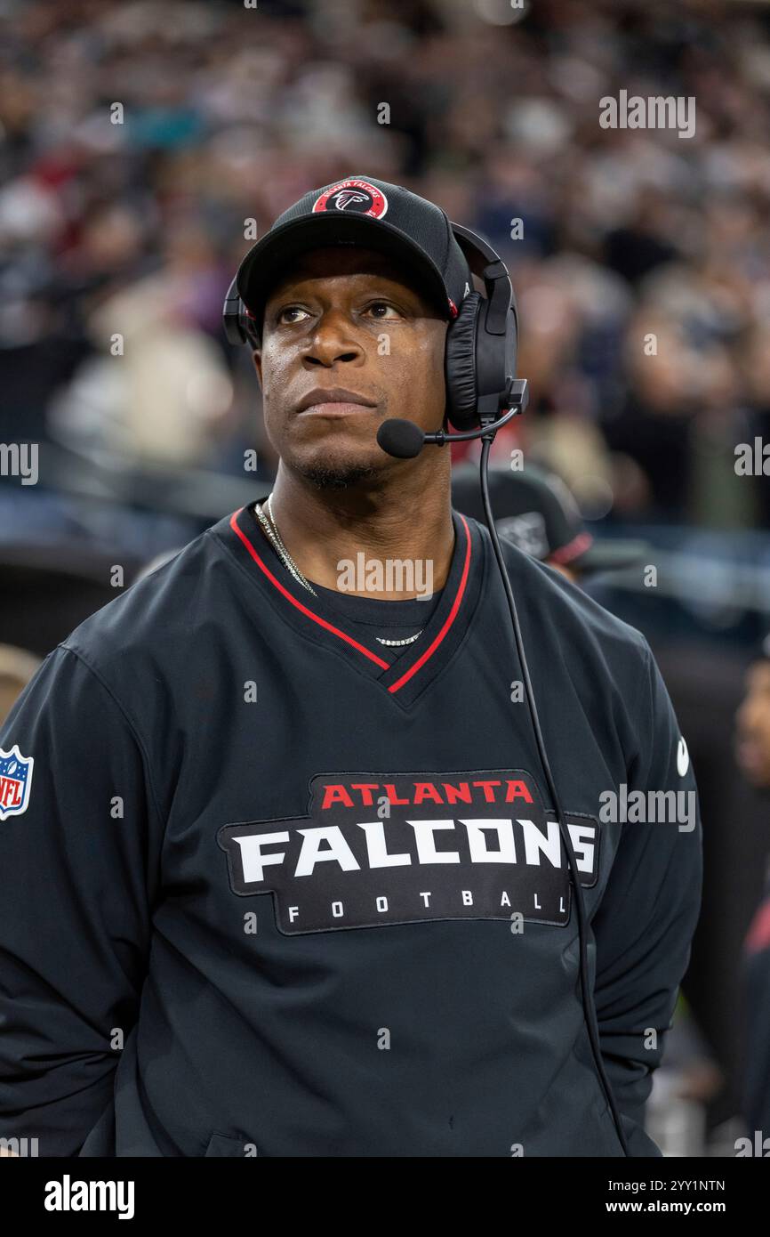Atlanta Falcons head coach Raheem Morris coaches against the Las Vegas ...